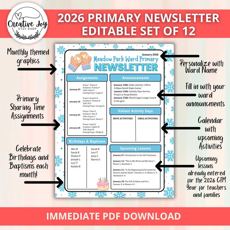 2026 LDS Primary Newsletter Set • Editable Canva Templates • 12-month ...
