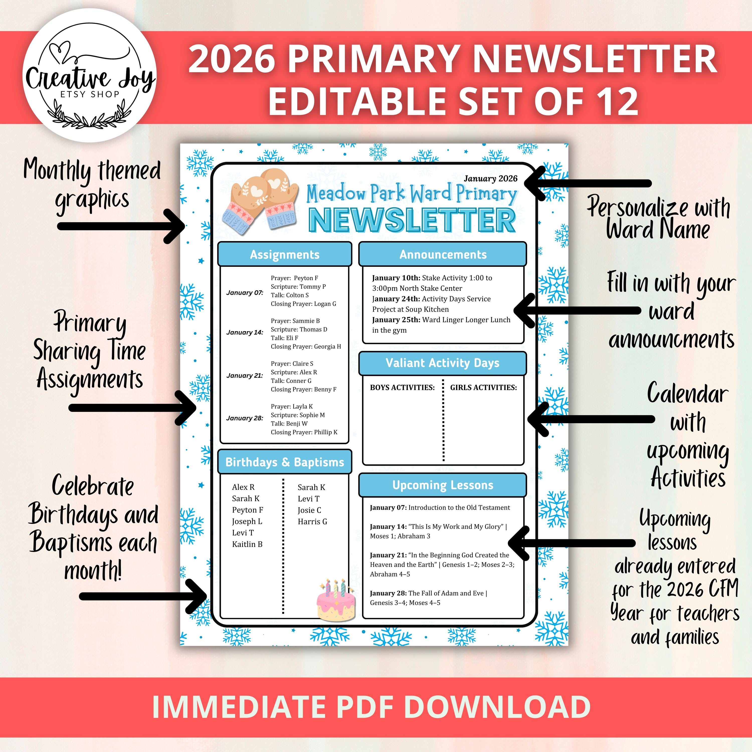 2026 LDS Primary Newsletter Set • Editable Canva Templates • 12-month ...