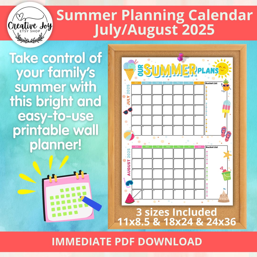 Summer Calendar for Families | Large 18 X 24 / 24 X 36 Printable Poster ...