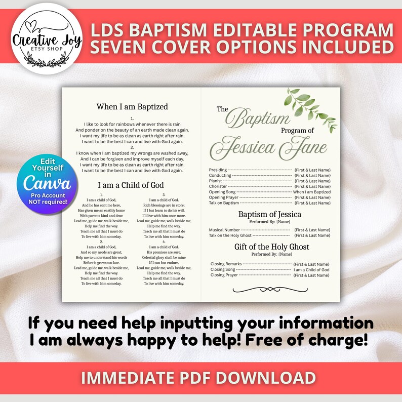 LDS Baptism Program Template | Editable Canva Template | Instant ...