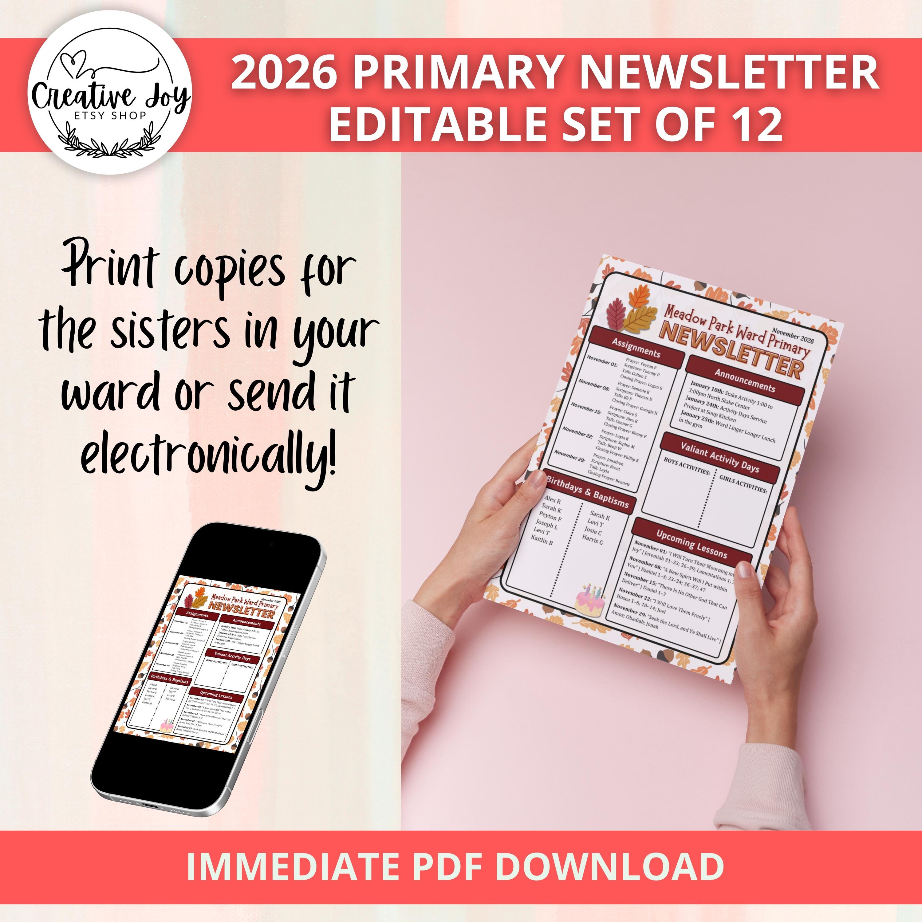 2026 LDS Primary Newsletter Set • Editable Canva Templates • 12-month ...