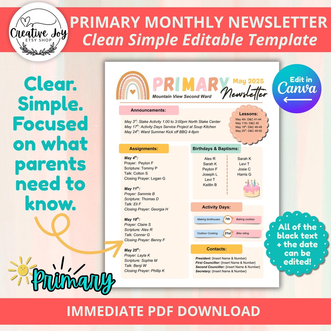 LDS Primary Newsletter Printable Editable Template | Simple Church ...