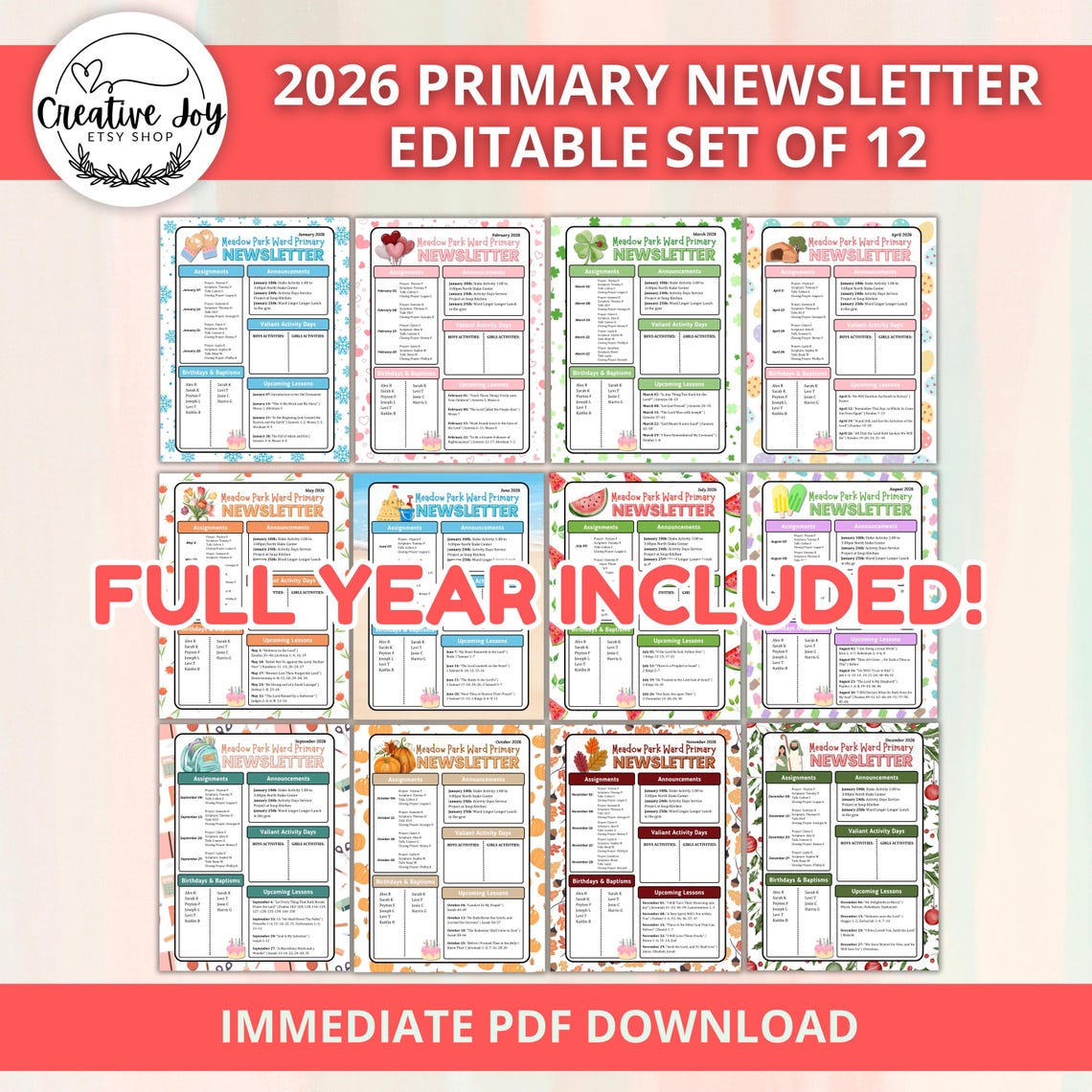 2026 LDS Primary Newsletter Set • Editable Canva Templates • 12-month ...