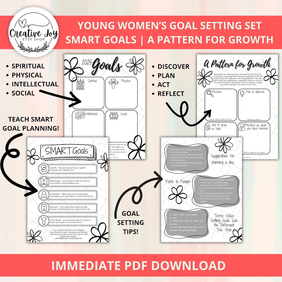 LDS Young Women Goal Sheet, Spiritual, Physical, Intellectual, Social ...