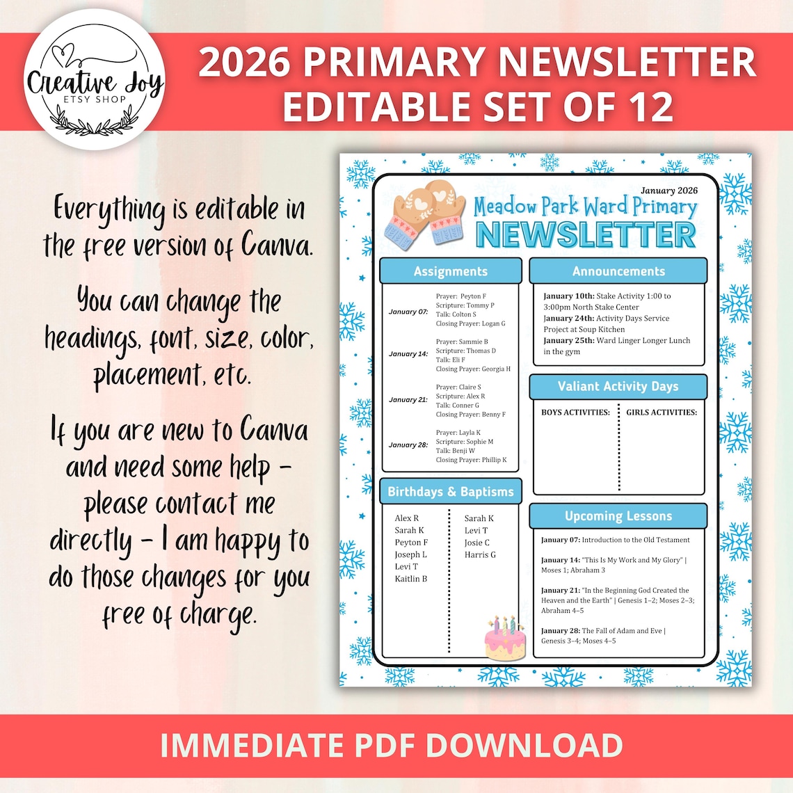 2026 LDS Primary Newsletter Set • Editable Canva Templates • 12-month ...