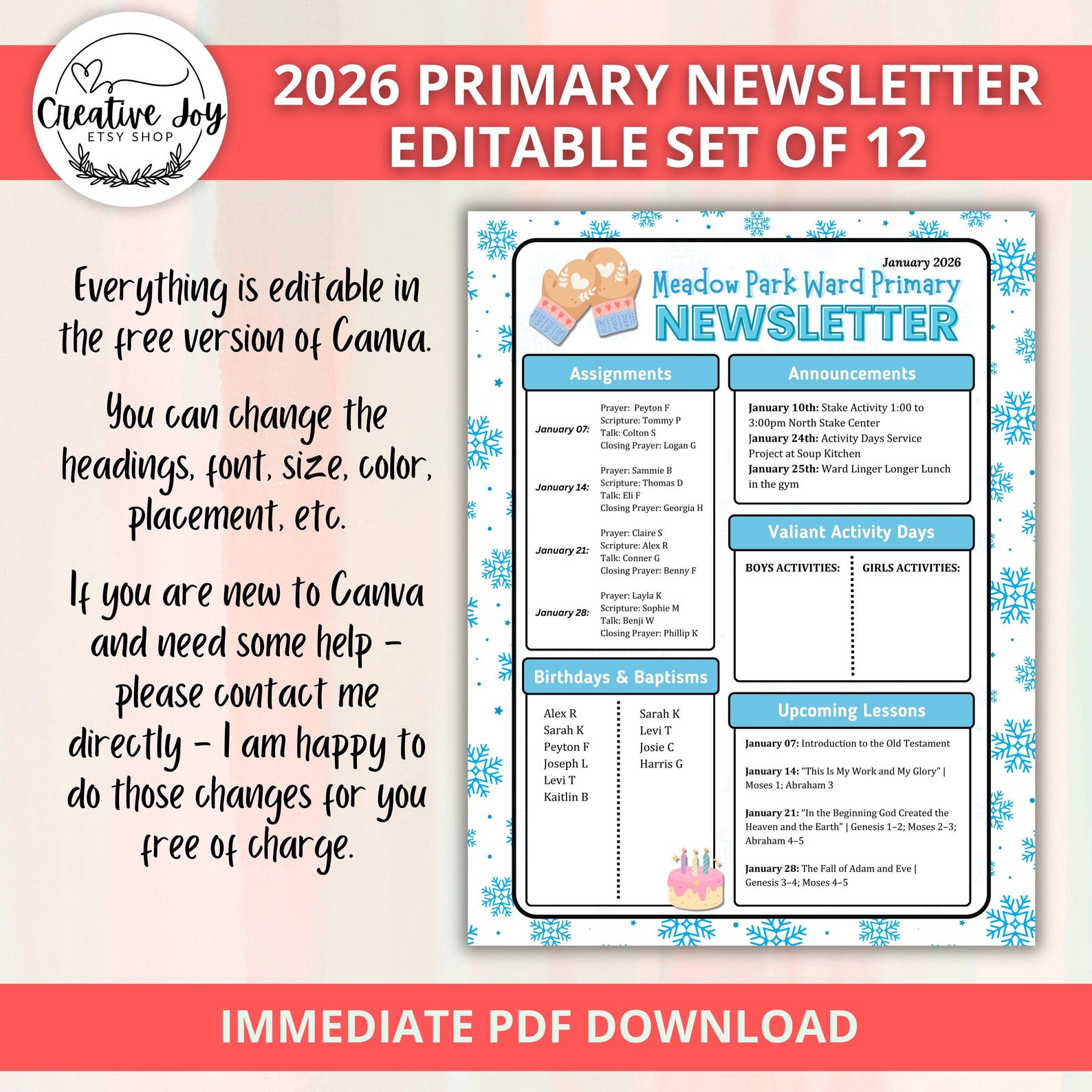 2026 LDS Primary Newsletter Set • Editable Canva Templates • 12-month ...