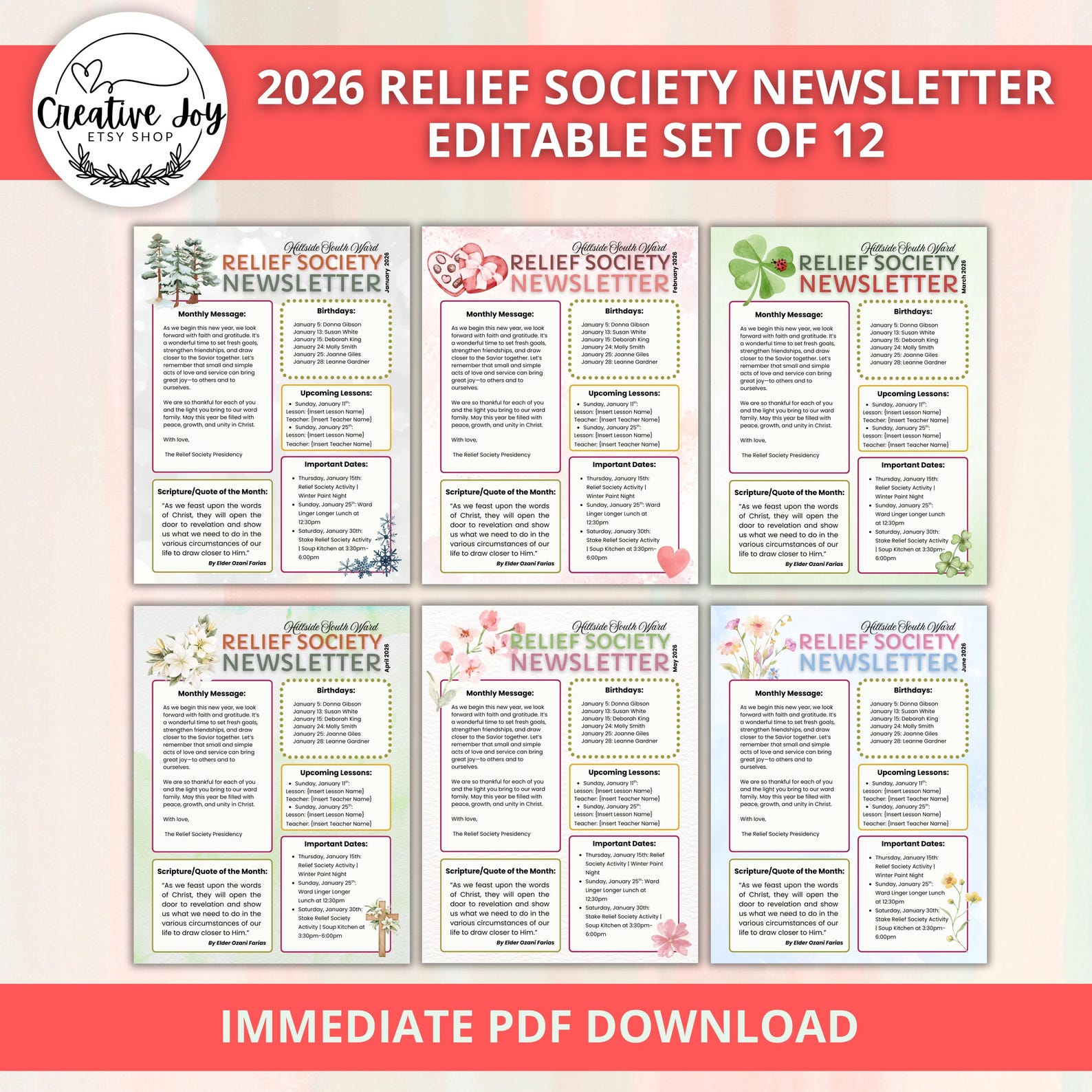 2026 Relief Society Editable Newsletter Bundle | LDS Ward Newsletter ...
