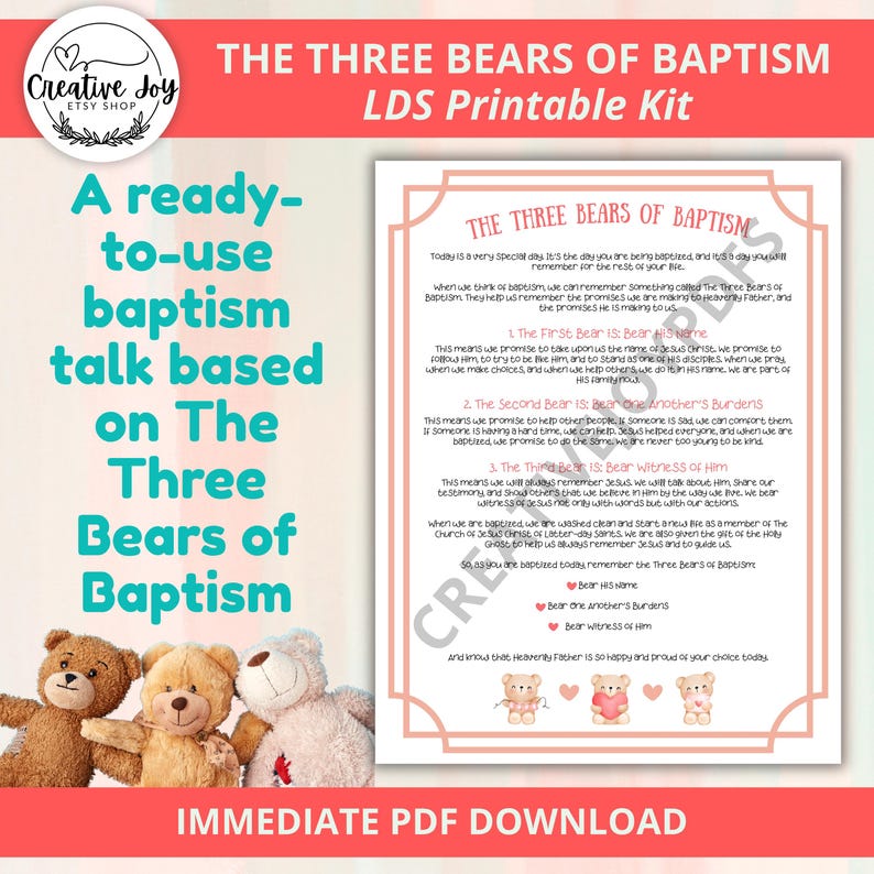 The Three Bears of Baptism LDS Printable Kit | Baptism Bears | It's ...