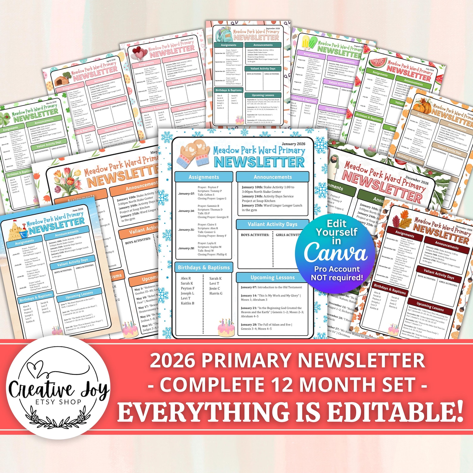 2026 LDS Primary Newsletter Set • Editable Canva Templates • 12-month ...