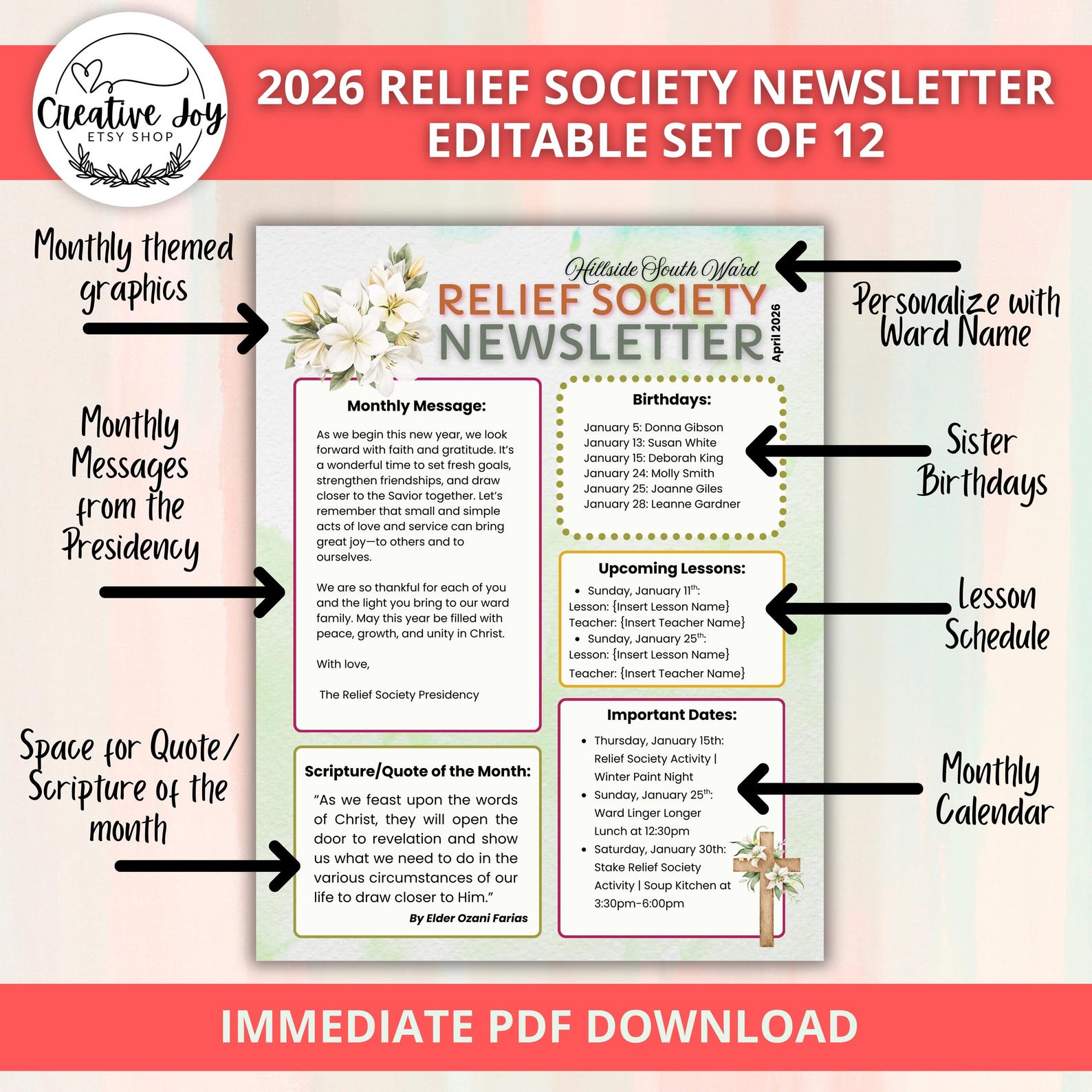 2026 Relief Society Editable Newsletter Bundle | LDS Ward Newsletter ...