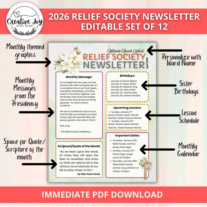 2026 Relief Society Editable Newsletter Bundle | LDS Ward Newsletter ...
