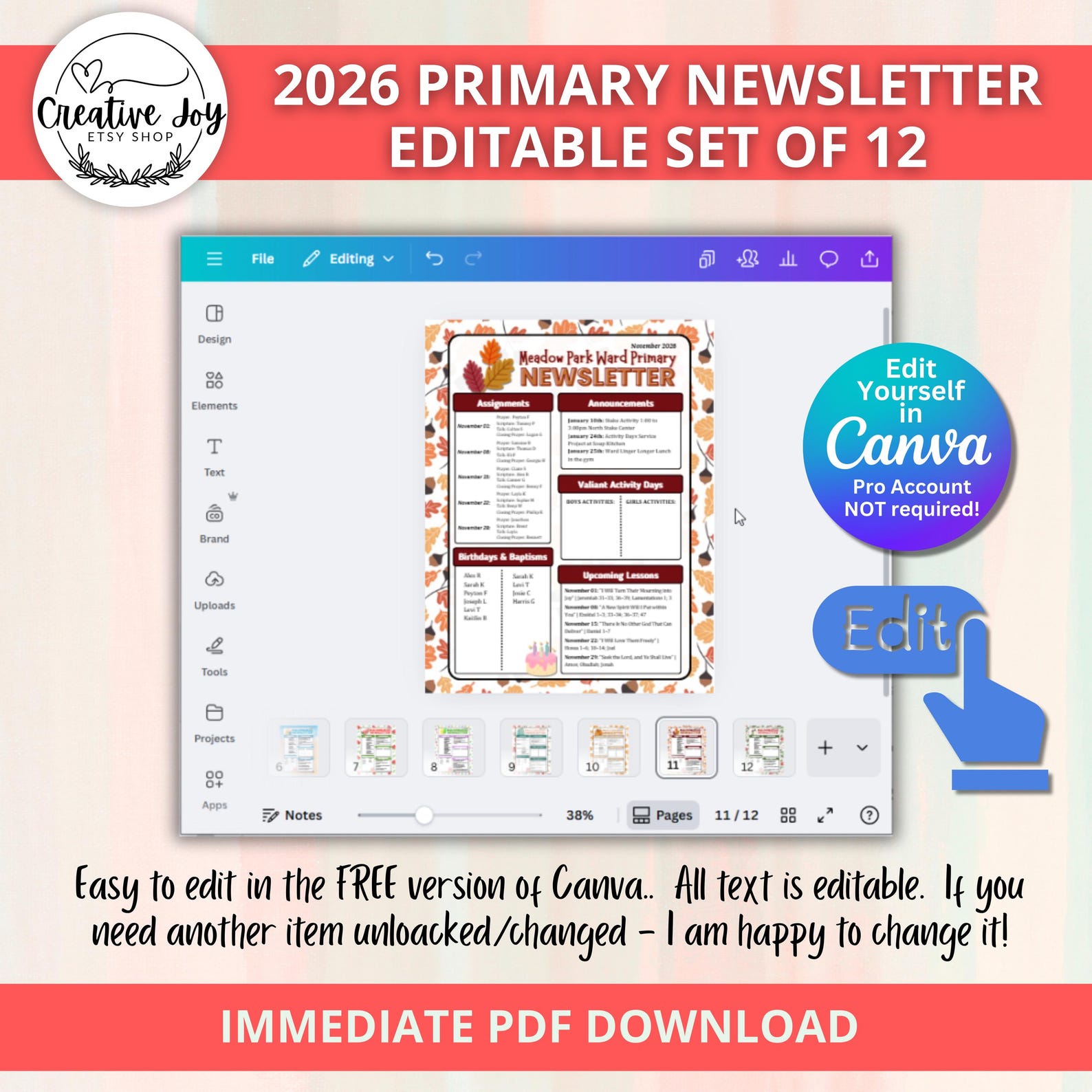 2026 LDS Primary Newsletter Set • Editable Canva Templates • 12-month ...