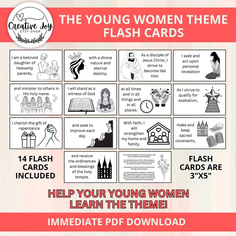 Young Women Theme Flash Cards | LDS Young Women Memorization & Study ...
