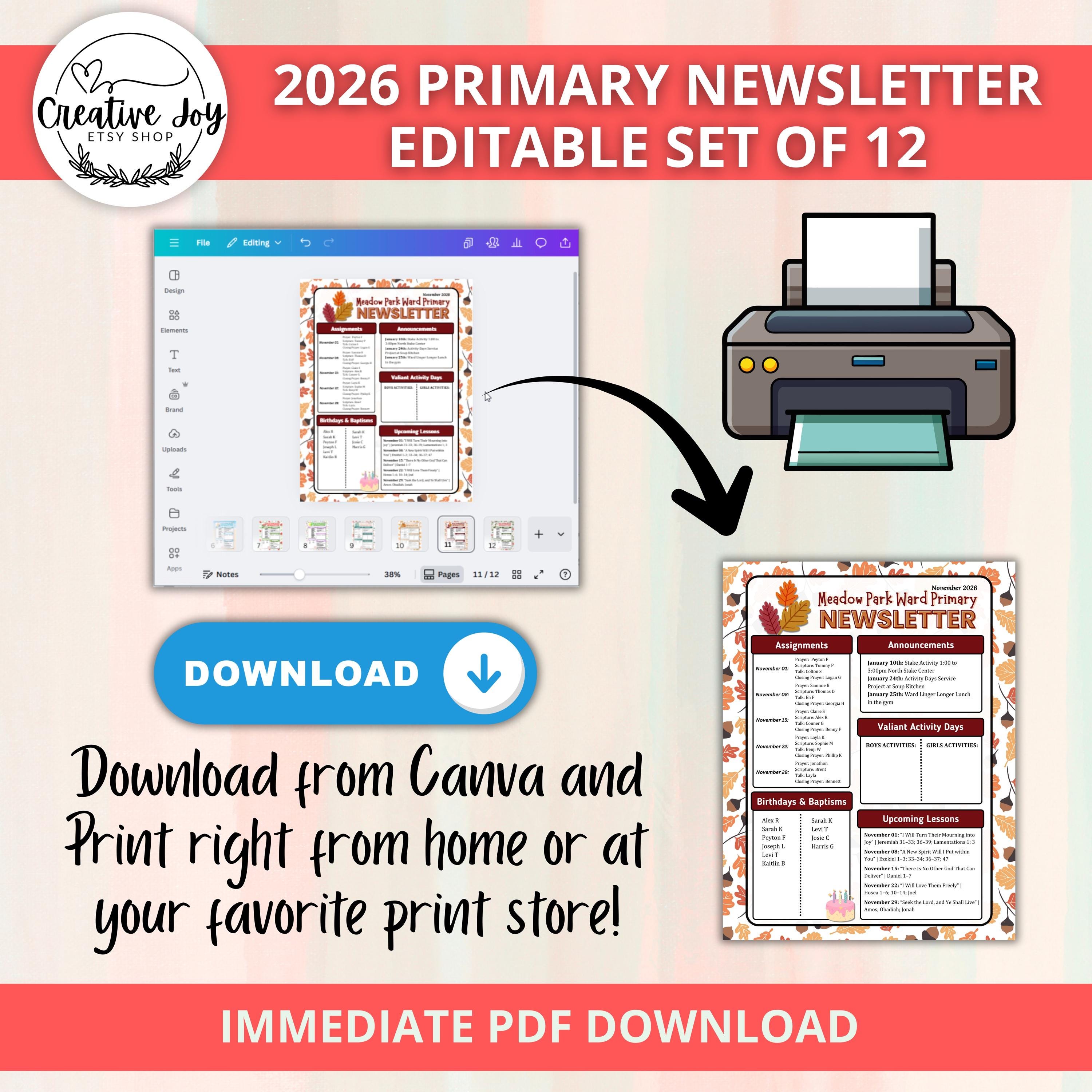 2026 LDS Primary Newsletter Set • Editable Canva Templates • 12-month ...