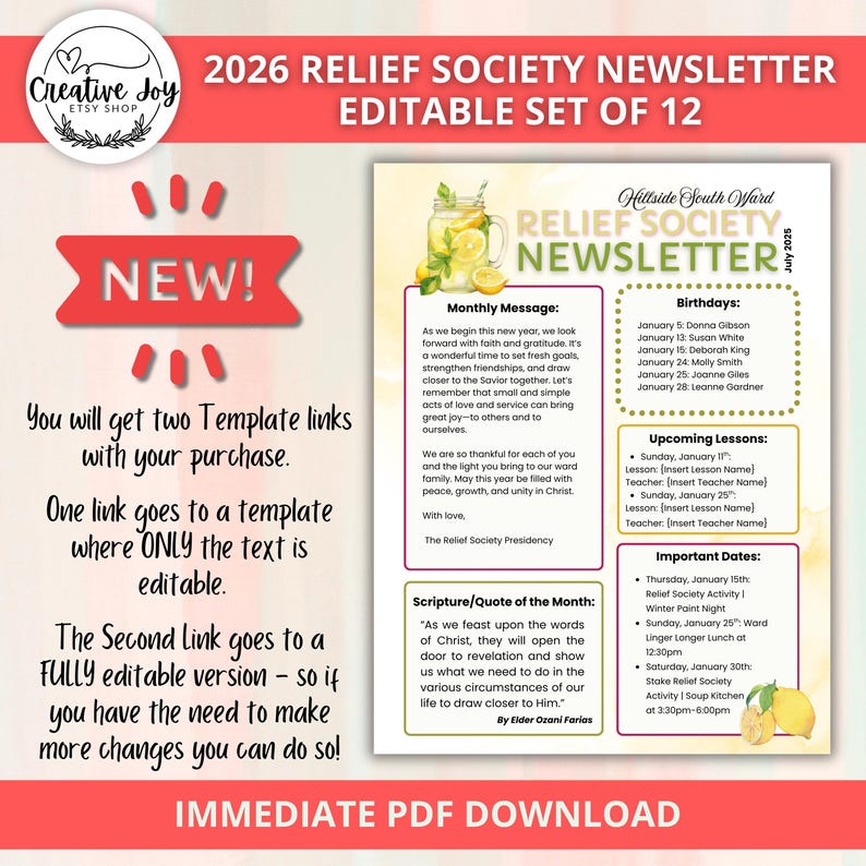 2026 Relief Society Editable Newsletter Bundle | LDS Ward Newsletter ...