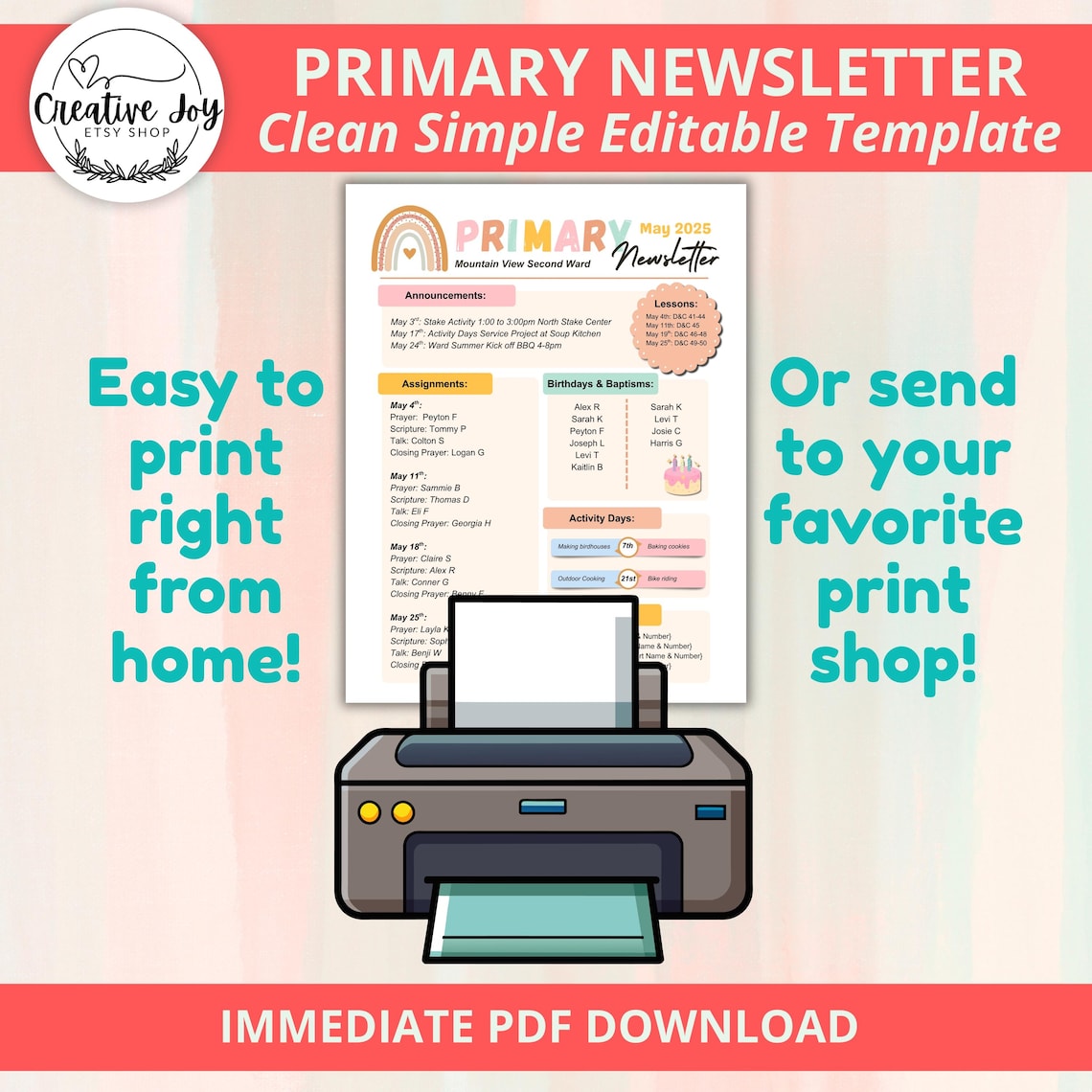 LDS Primary Newsletter Printable Editable Template | Simple Church ...