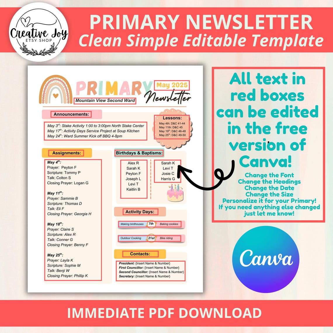 LDS Primary Newsletter Printable Editable Template | Simple Church ...