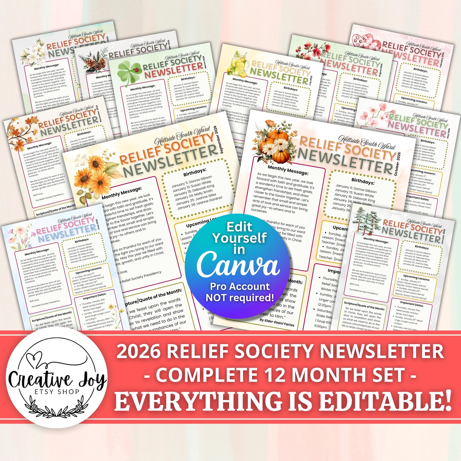2026 Relief Society Editable Newsletter Bundle | LDS Ward Newsletter ...