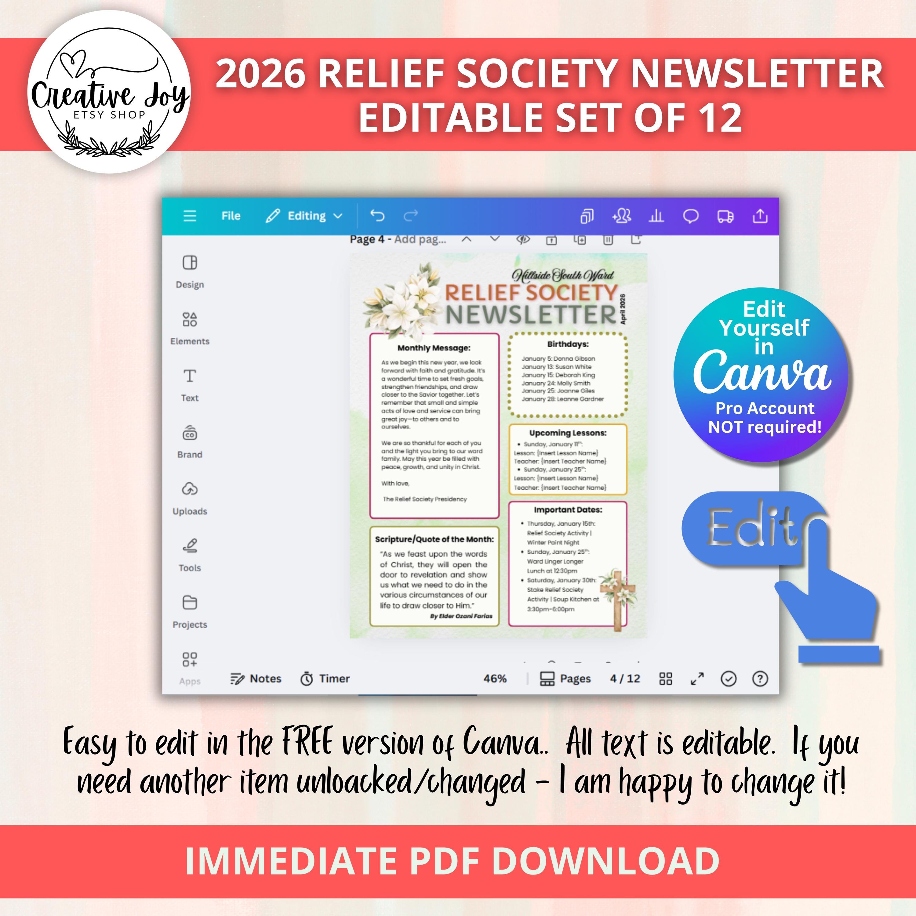 2026 Relief Society Editable Newsletter Bundle | LDS Ward Newsletter ...