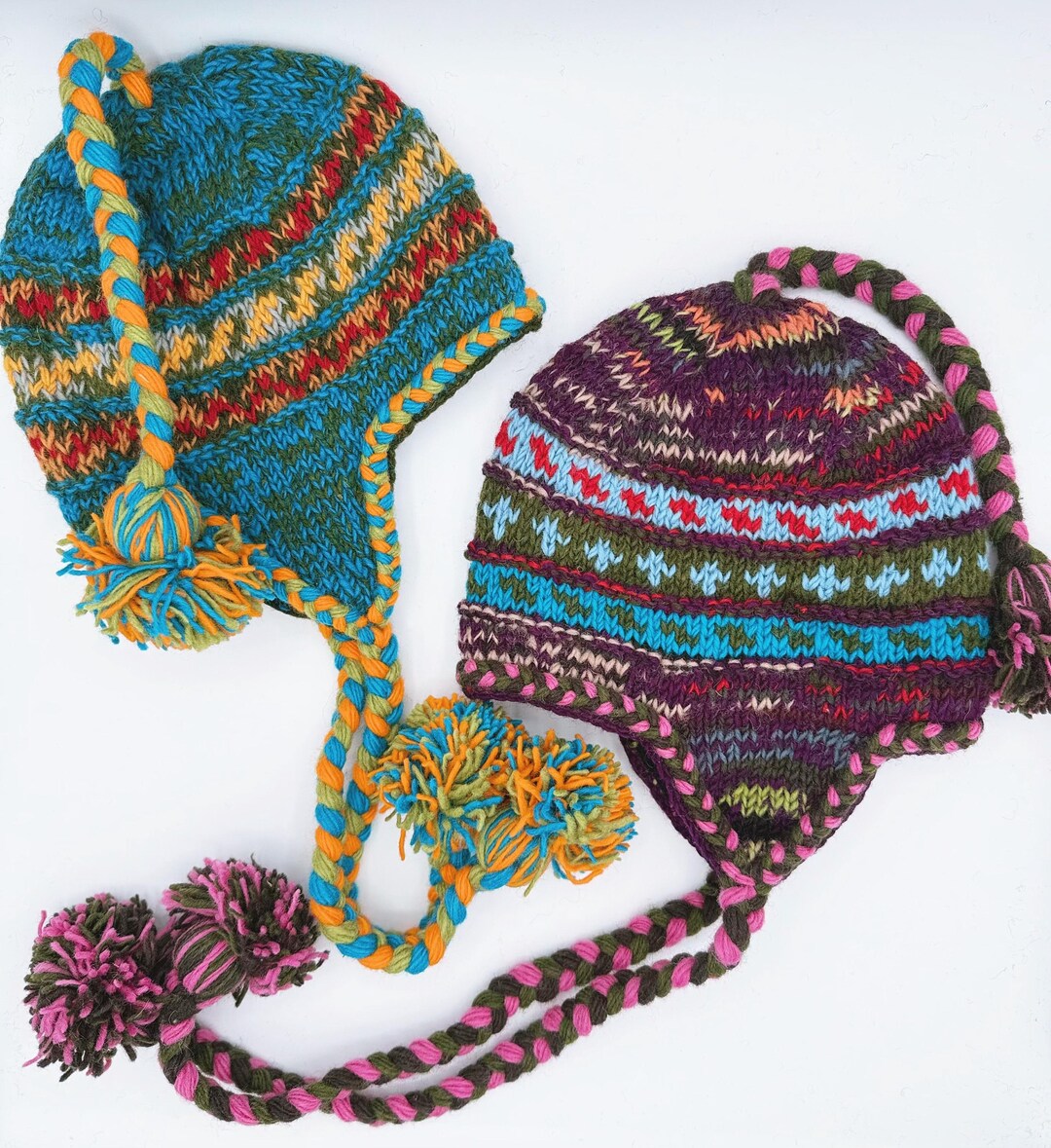 Hand-knitted Wool Earflap Hat – Fleece-lined Nepal Beanie With Pom-pom ...