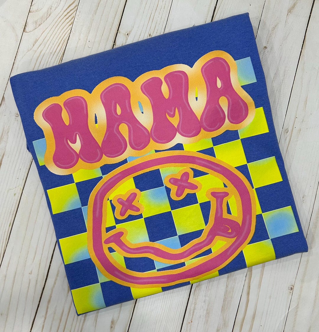 Retro Mama Neon Shirt, Checkered Neon Shirt, Groovy Retro Tee, Trendy ...