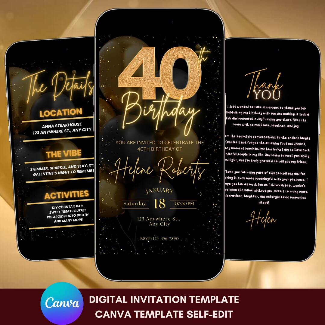 Digital 40th Birthday Invitation Template, E-invite Editable Day ...