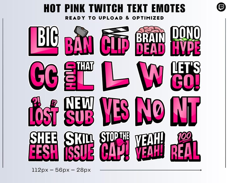 20 HOT PINK Twitch Text Emotes Bundle | Ban, GG, L, W, Let's Go, Clip ...