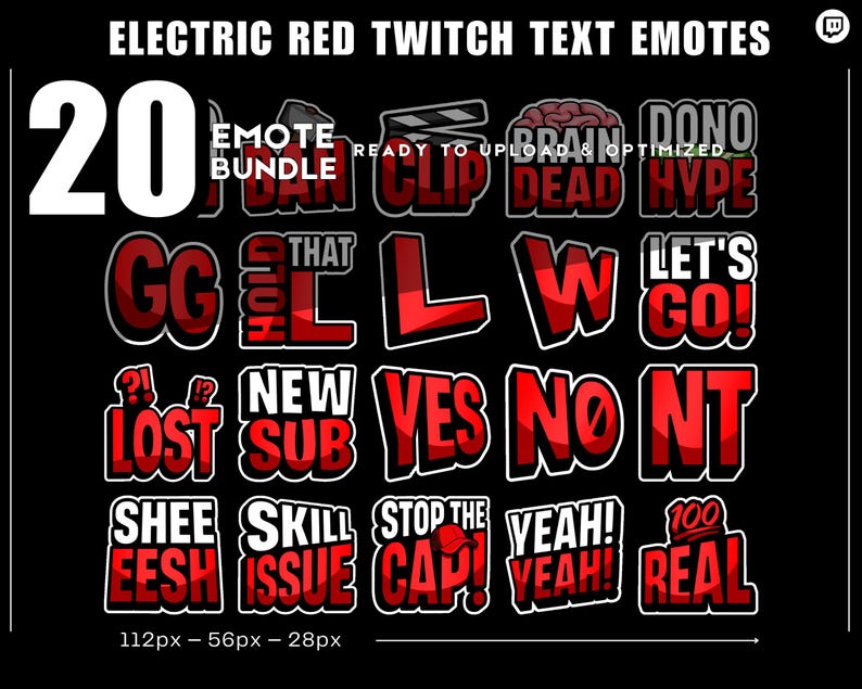 20 ELECTRIC RED Twitch Text Emotes Bundle | Ban, GG, L, W, Let's Go ...