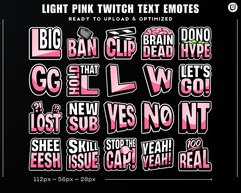 20 LIGHT PINK Twitch Text Emotes Bundle | Ban, GG, L, W, Let's Go, Clip ...