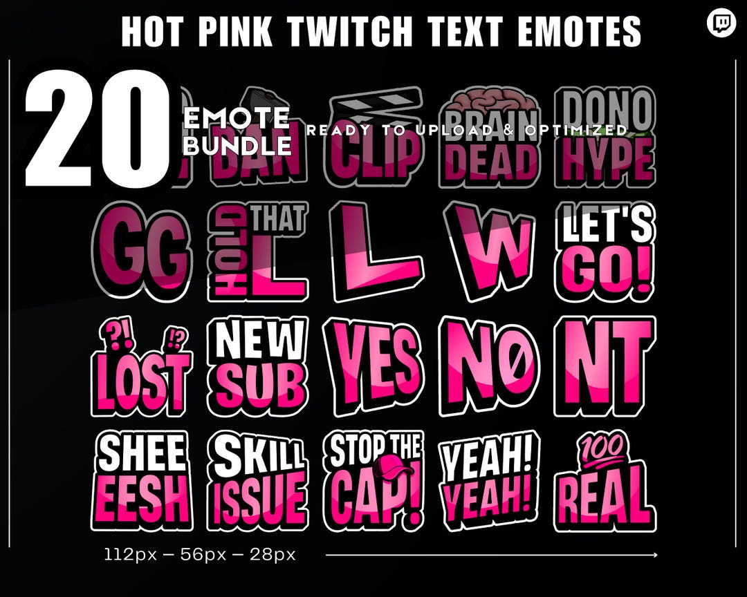 20 HOT PINK Twitch Text Emotes Bundle | Ban, GG, L, W, Let's Go, Clip ...