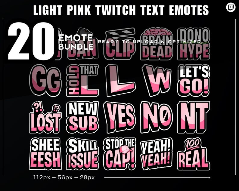 20 LIGHT PINK Twitch Text Emotes Bundle | Ban, GG, L, W, Let's Go, Clip ...