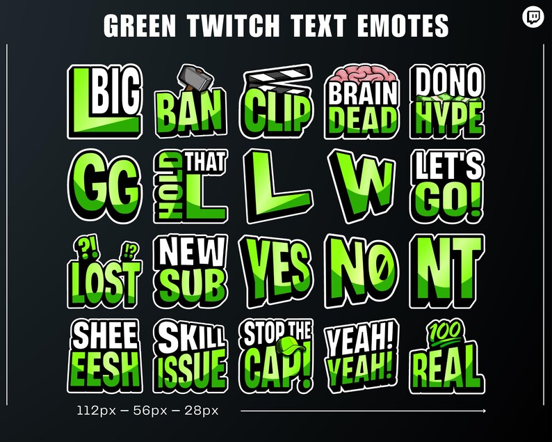 20 GREEN Twitch Text Emotes Bundle | Ban, GG, L, W, Let's Go, Clip ...