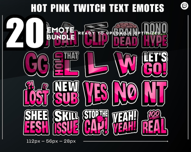 20 HOT PINK Twitch Text Emotes Bundle | Ban, GG, L, W, Let's Go, Clip ...