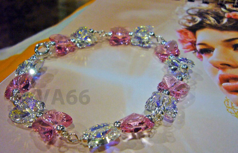 Pink Wire Wrapped 925 Sterling Silver Swarovski Crystal Bridal Bracelet ...
