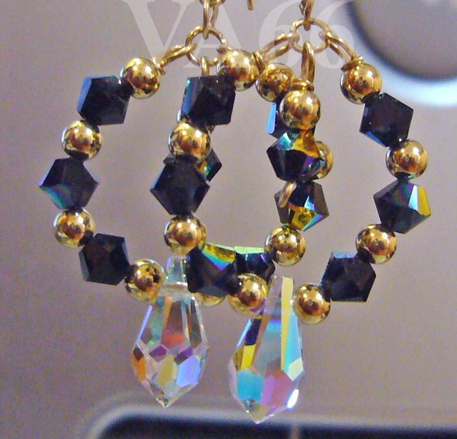 14KGF Swarovski Teardrop Hoop Hoopies Crystal Jet Black AB Earrings ...