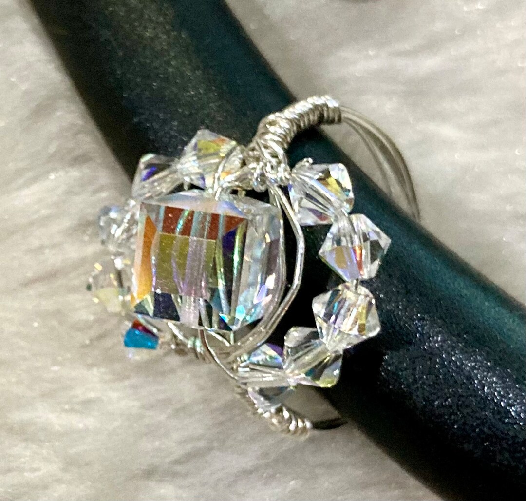 925 Sterling Silver Swarovski Cube Crystal Ring Crystal AB All Sizes ...