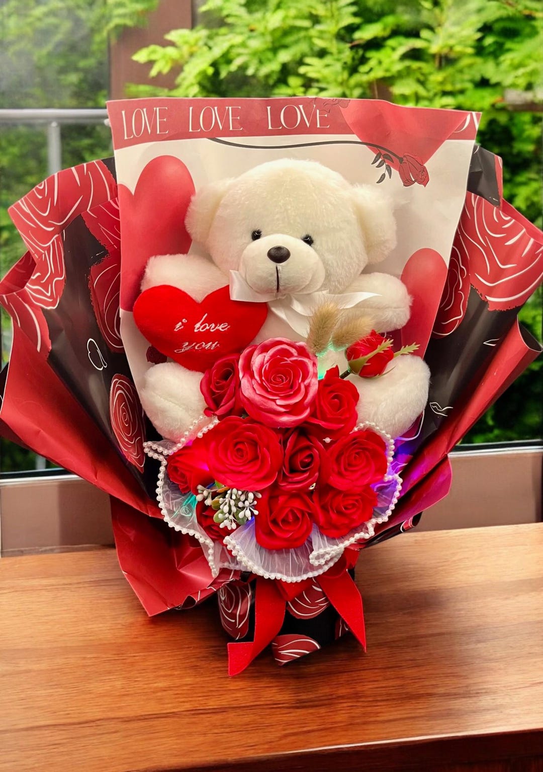 Teddy Bear Bouquet, Eternal Rose Bouquet, Anniversary, Birthday, Red ...