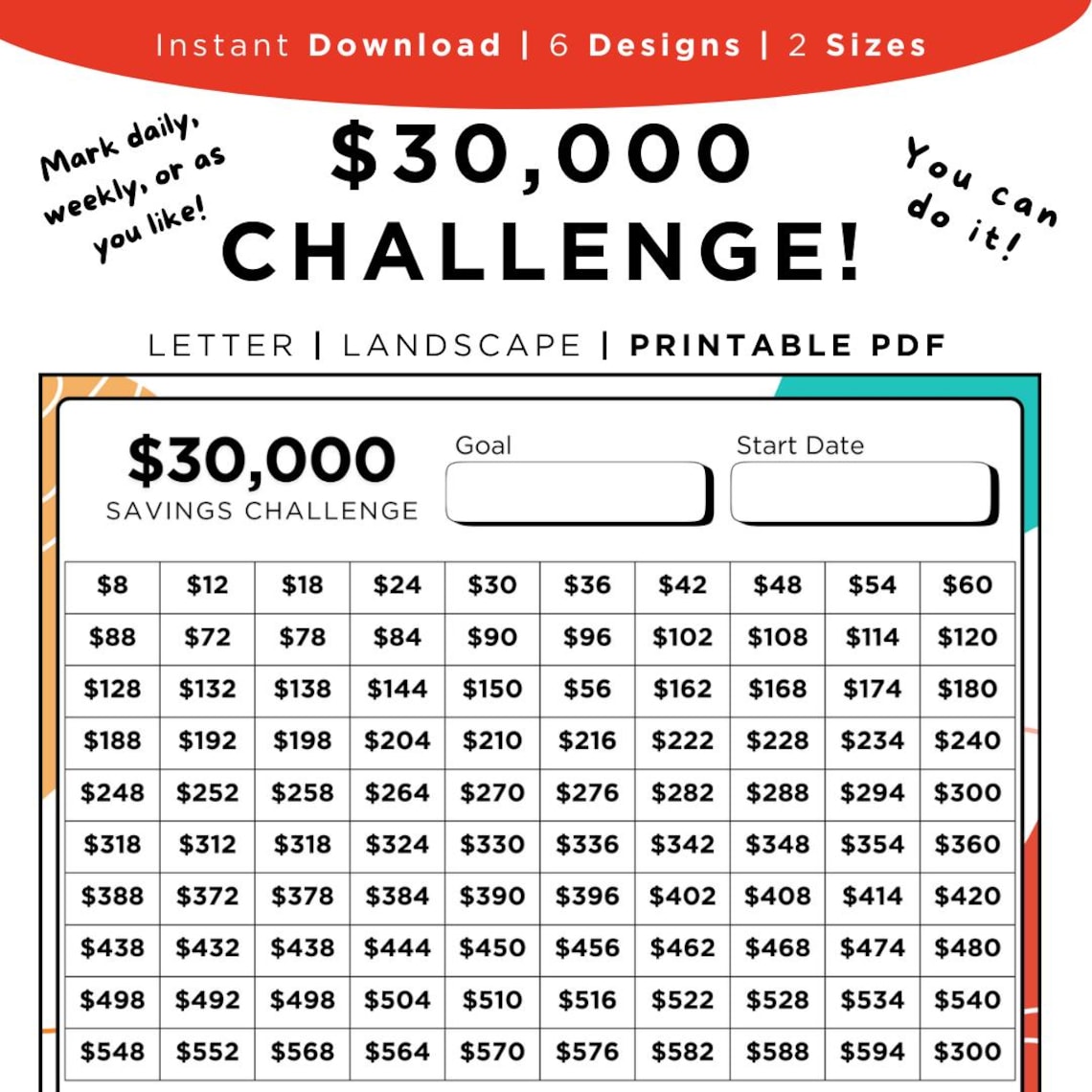 30,000 Savings Challenge, Save Money, 30,000 in 100 Days, 100 Day ...