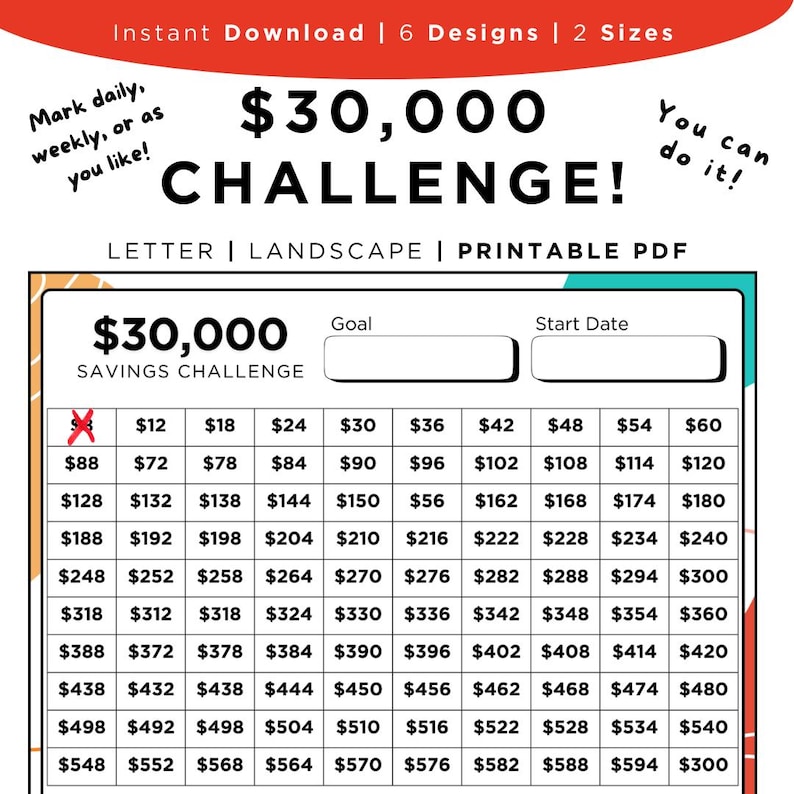 30,000 Savings Challenge, Save Money, 30,000 in 100 Days, 100 Day ...