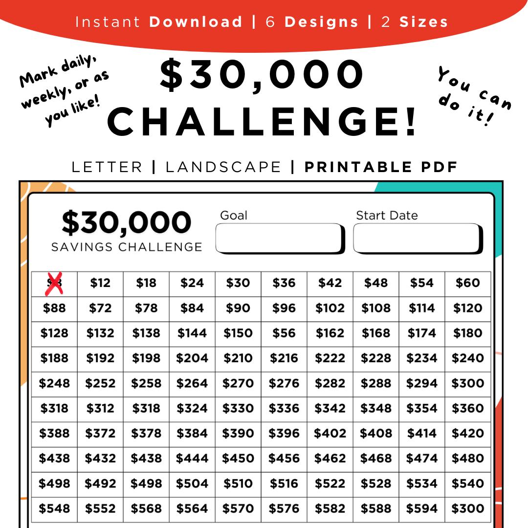 30,000 Savings Challenge, Save Money, 30,000 in 100 Days, 100 Day ...