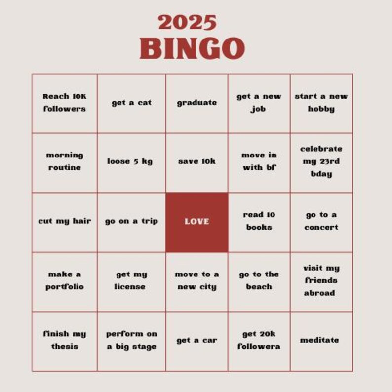 Bingo 2025 Template Red Ver. - Etsy