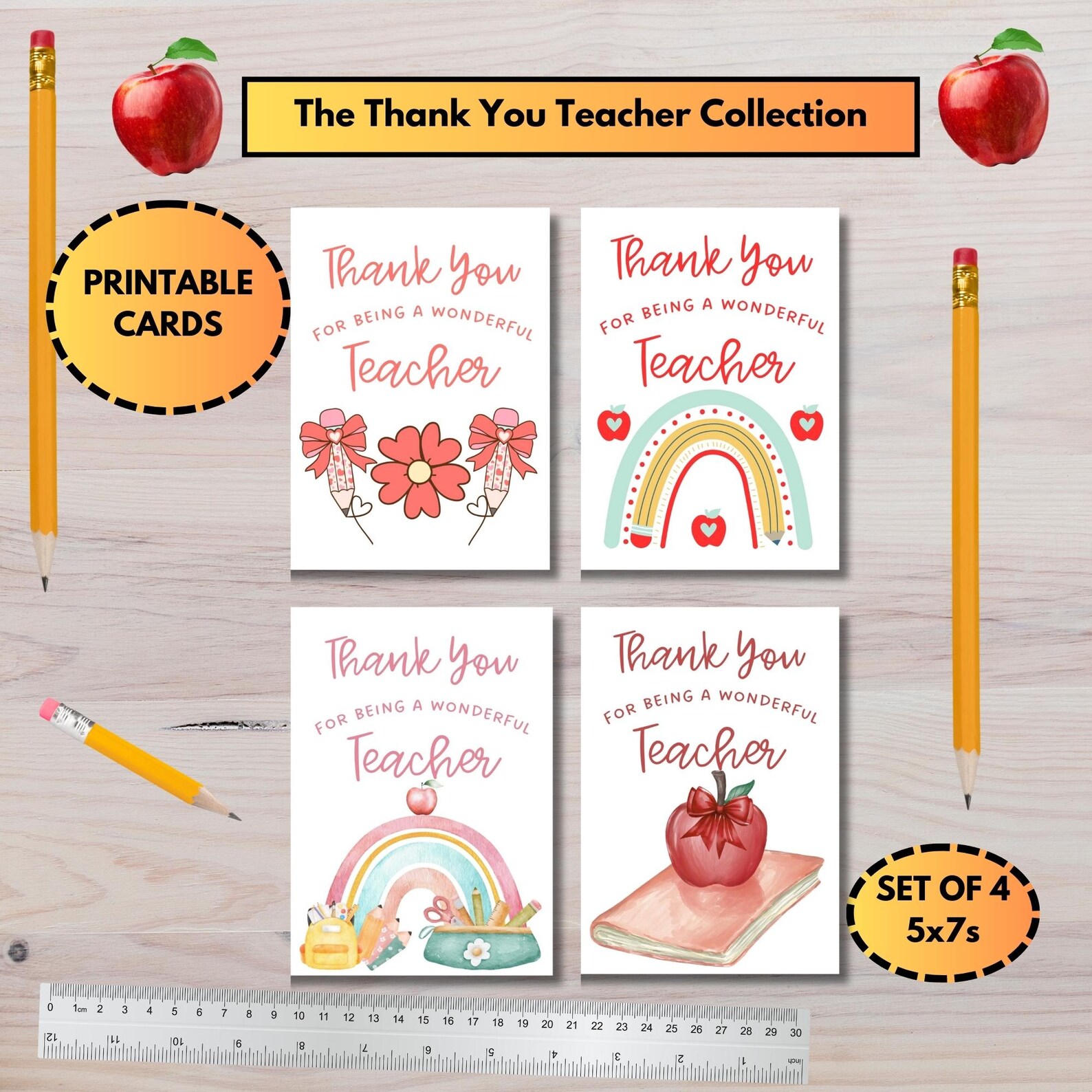Printable Thank You Cards for Teacher | Bundle, Set of 4 | Cute Teacher ...