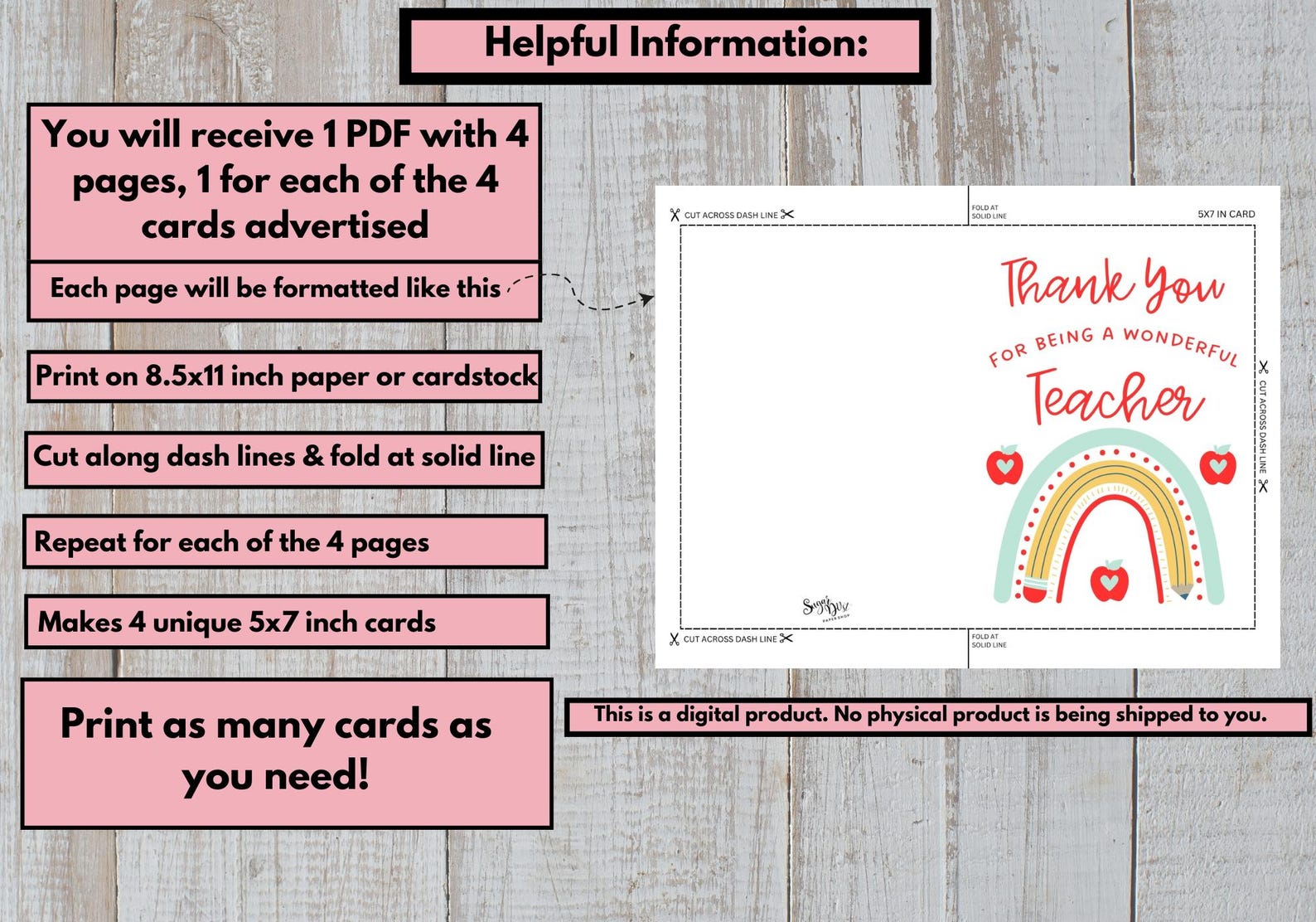 Printable Thank You Cards for Teacher | Bundle, Set of 4 | Cute Teacher ...