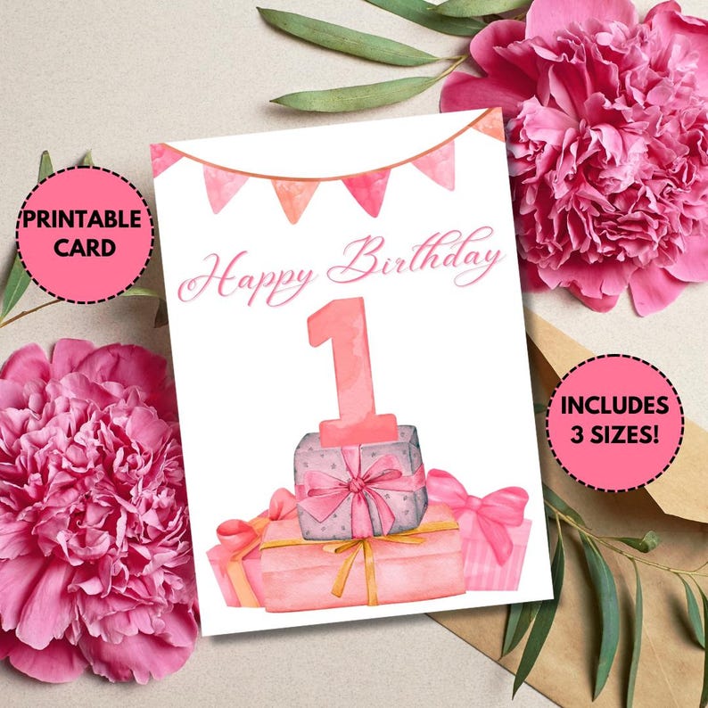 Printable Birthday Card | 1st Birthday | Girl | Downloadable | Baby ...