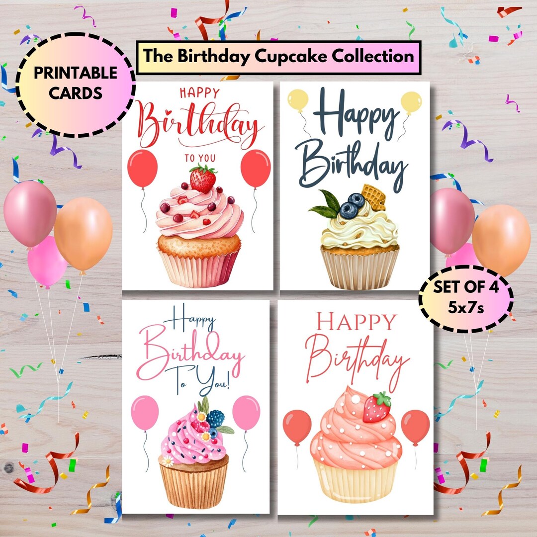 Printable Birthday Card Bundle | Set of 4 | Digital | Birthday Greeting ...
