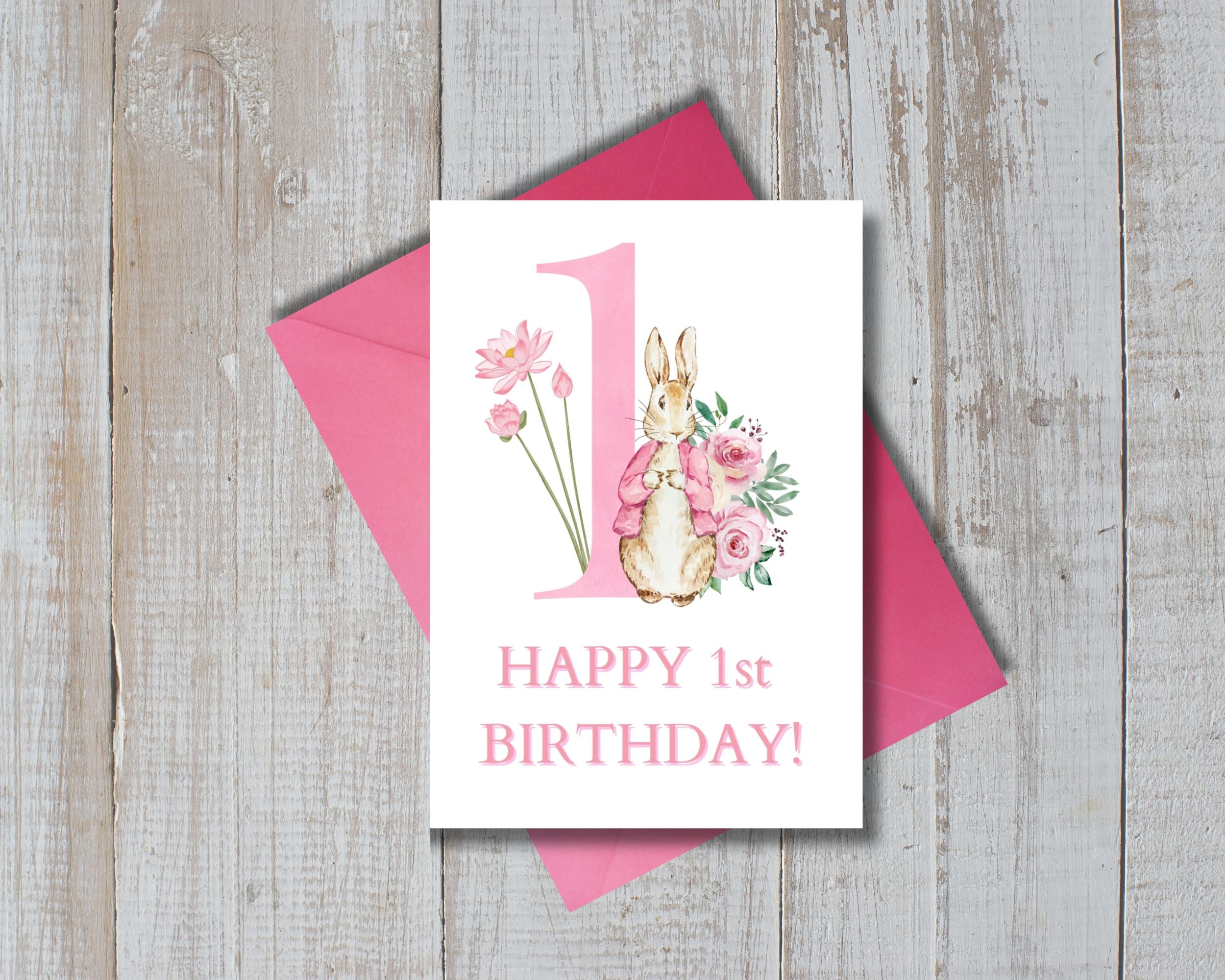 Printable 1st Birthday Card | Bunny Birthday Card | Baby Girl | Cute ...