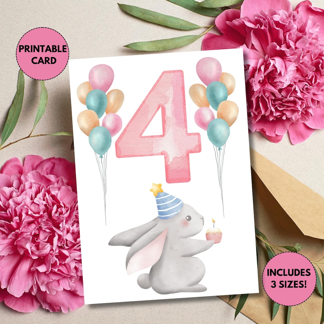 Printable 4th Birthday Card | Downloadable | Four Year Old Birthday ...