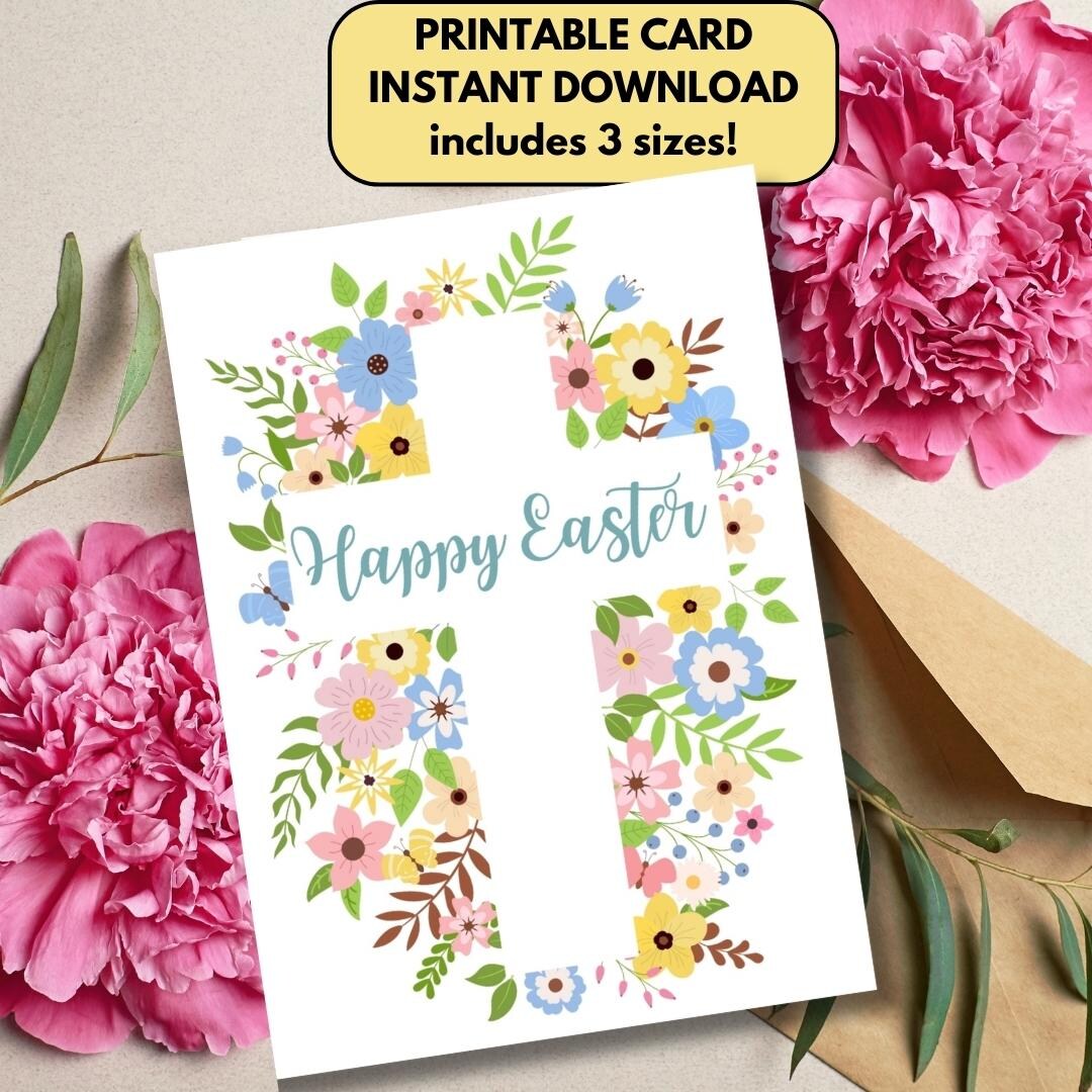 Printable Floral Easter Card | Floral Cross | Happy Easter Card ...