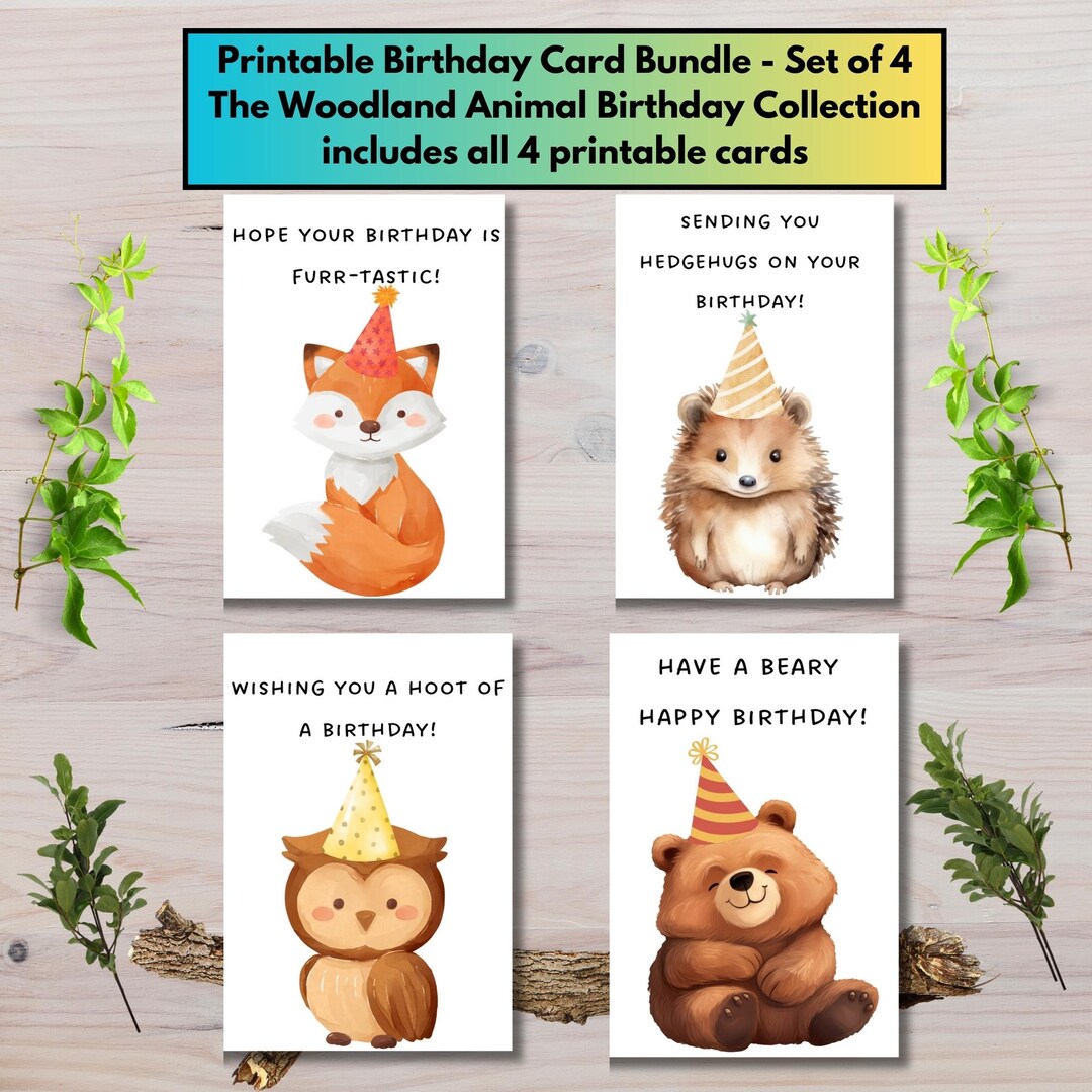 Printable Birthday Card Bundle | Set of 4 | Forest and Woodland Animal ...