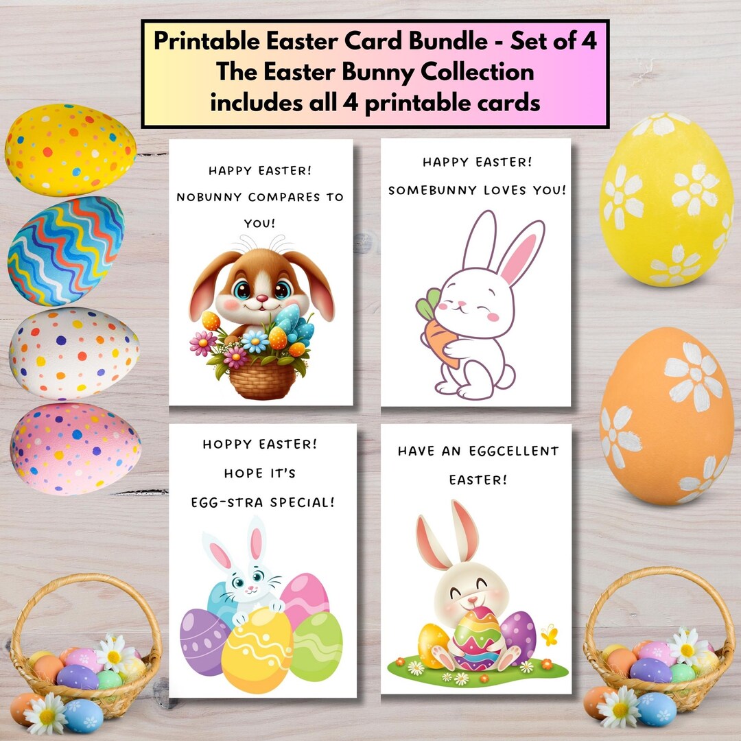 Printable Easter Card Bundle | Set of 4 | Cute Bunny Easter | Easter ...